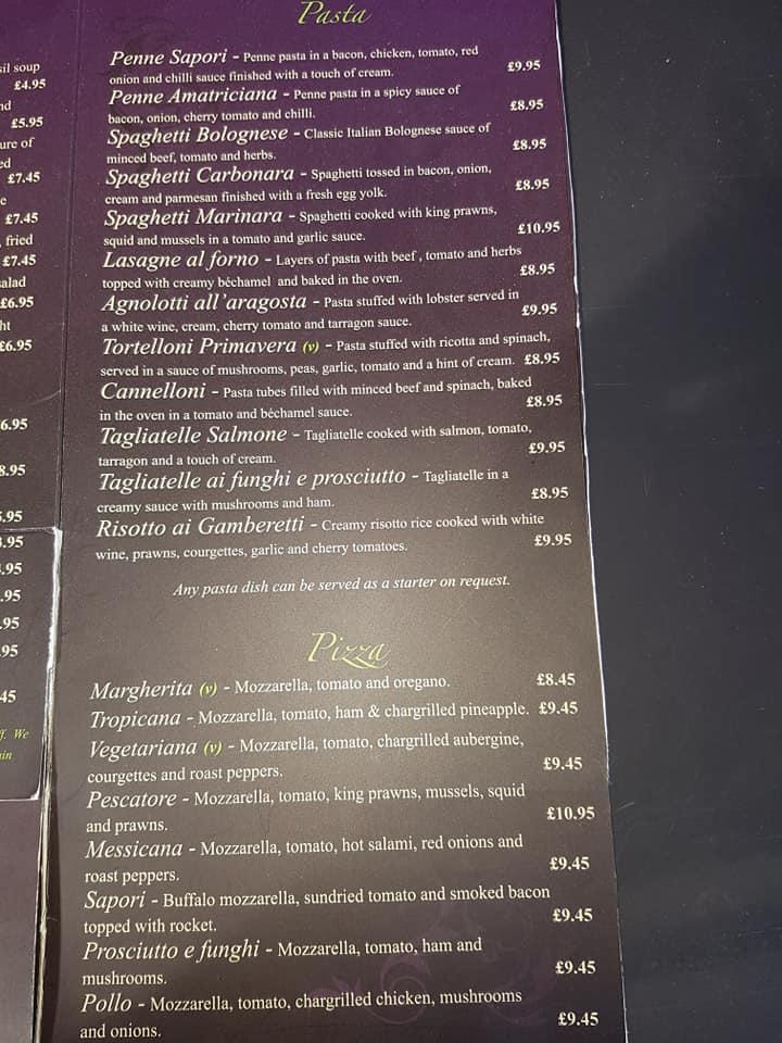 Menu at Sapori restaurant, Blackpool