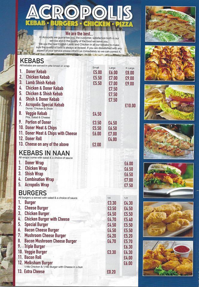 Menu at Acropolis fast food, Melksham