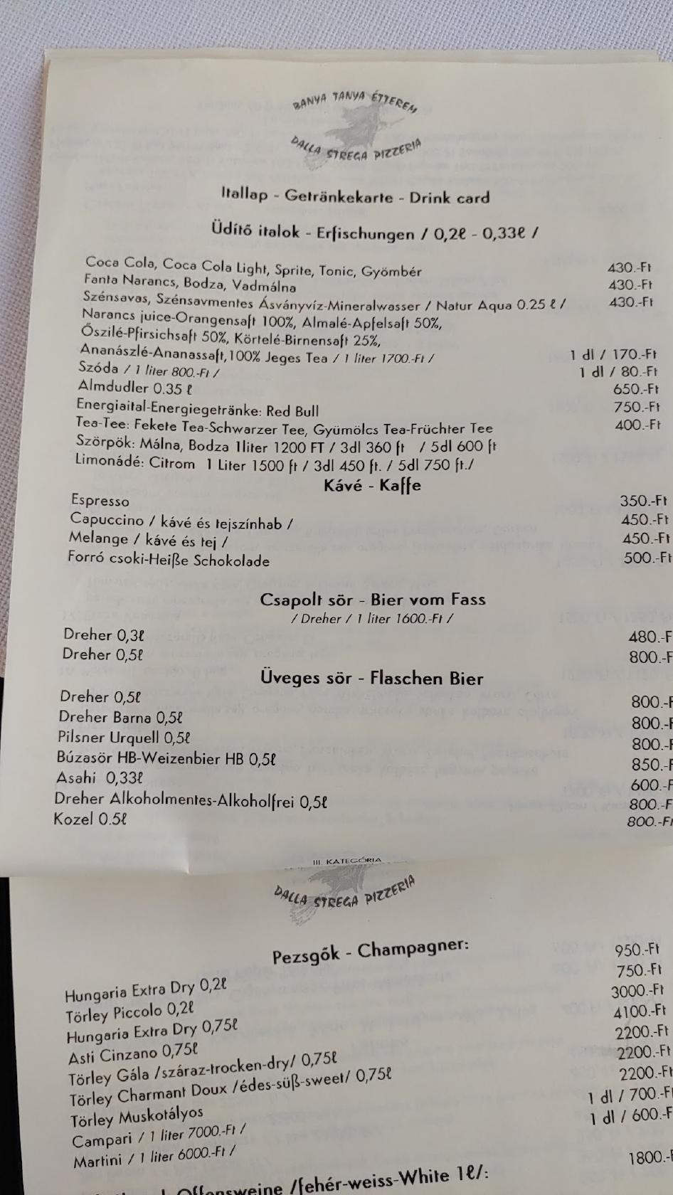 Menu at Banya Tanya Étterem restaurant, Sárvár