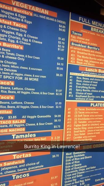 Menu at Burrito King fast food, Lawrence, 900 Illinois St