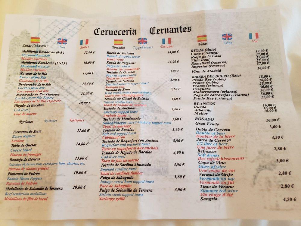 Carta del pub y bar Cervecería Cervantes, Madrid, Plaza Jesús 7