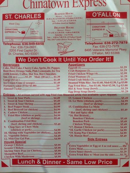 Menu at China Town Express restaurant, Saint Charles