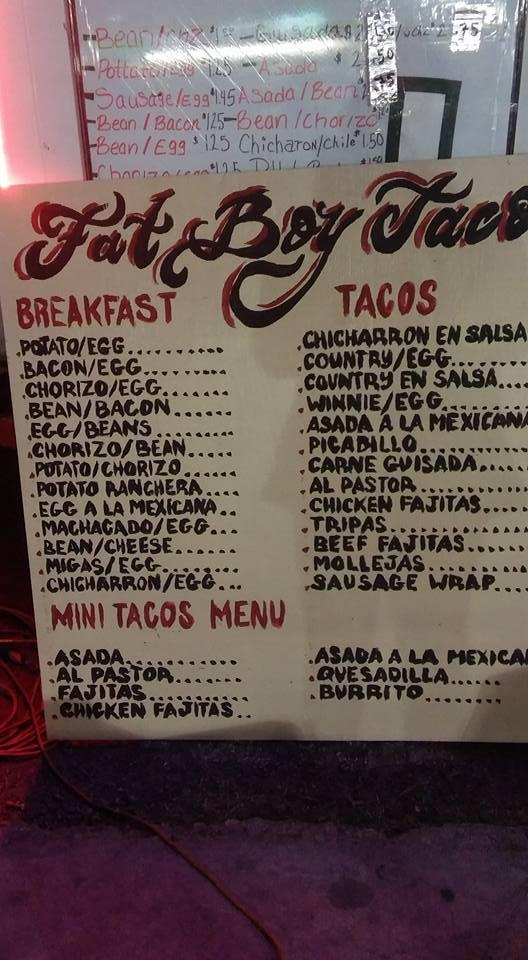 Menu at FAT BOY TACOS restaurant, San Antonio