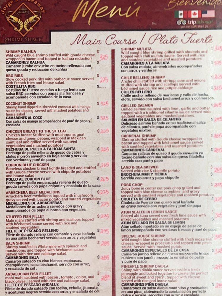 Menu at Jorges Hideaway Shrimp Shack restaurant, Puerto Vallarta