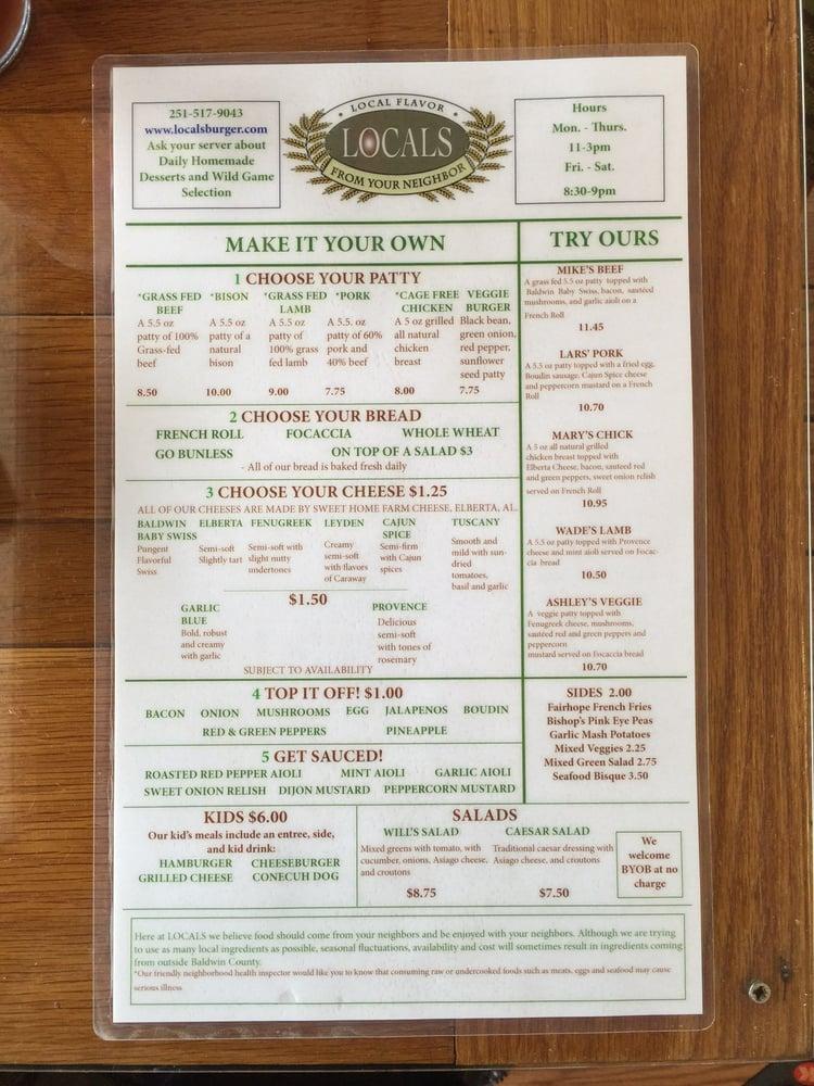 Menu at Locals restaurant, Fairhope, 312 Fairhope Ave