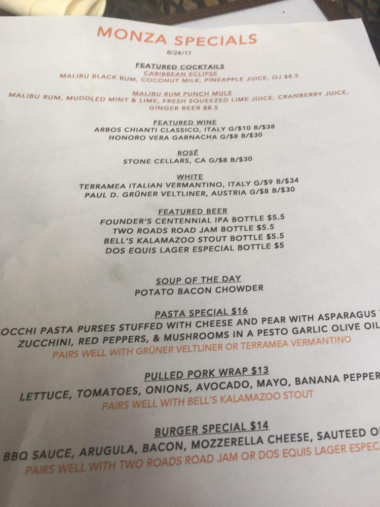 Menu at Monza pub & bar, Manassas, Battle St