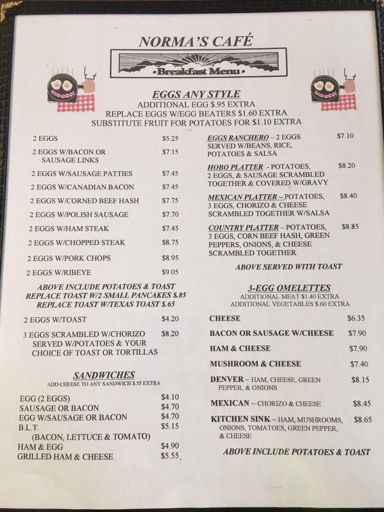 Menu at Norma's Cafe, Lockport