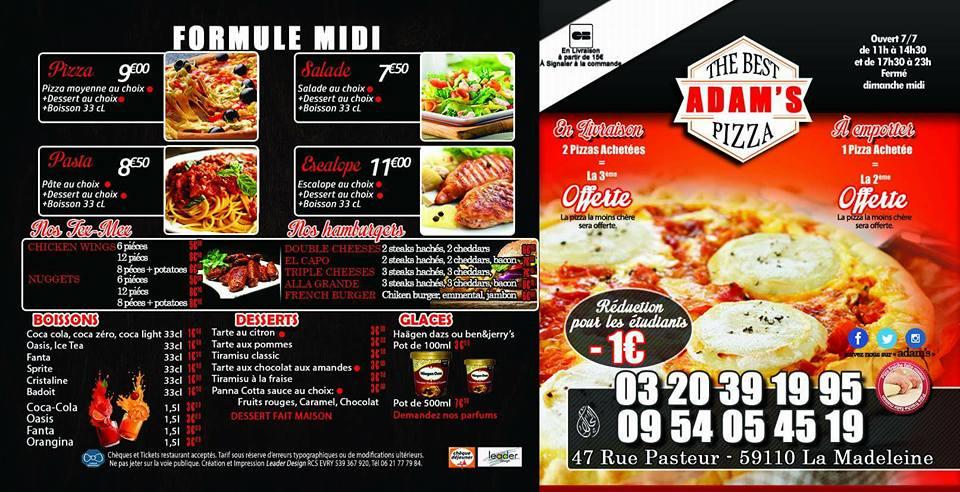 Menu at Pizza Adam's pizzeria, Lille
