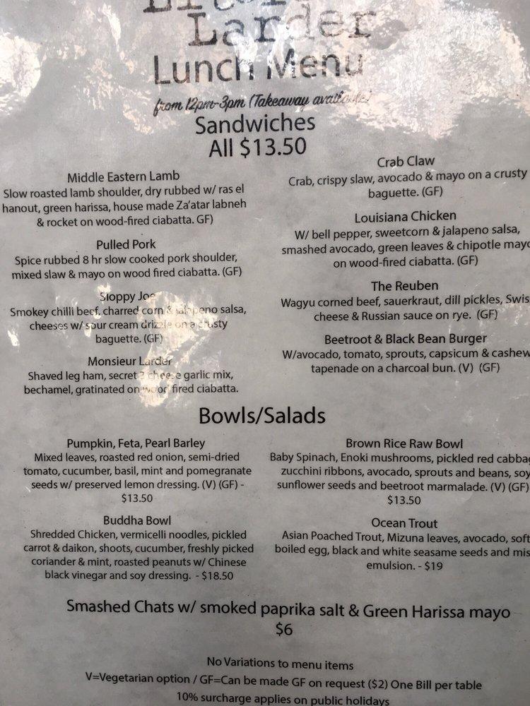 Menu at The Little Larder cafe, Port Douglas