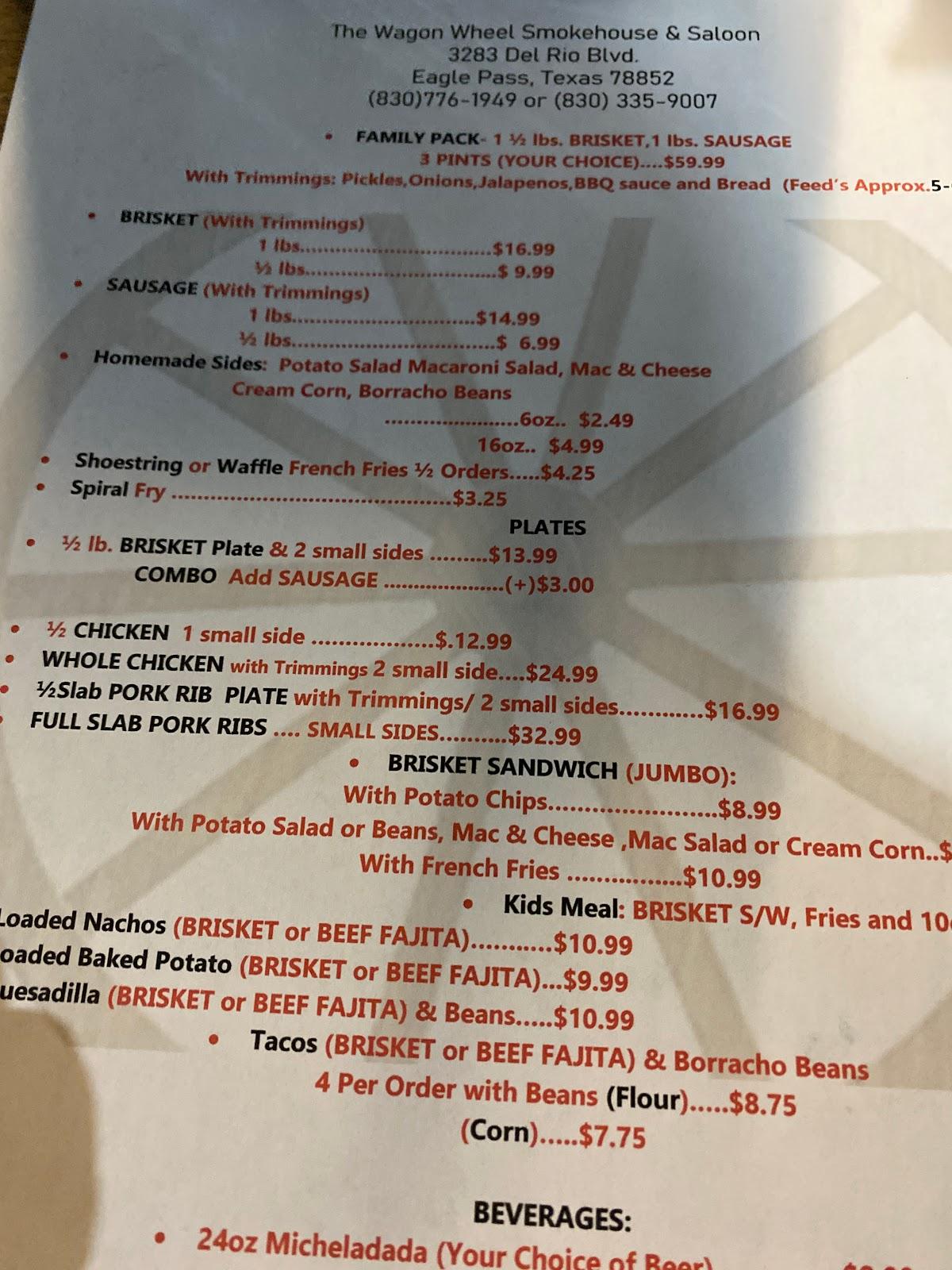 Menu at The Wagon Wheel BBQ, Eagle Pass