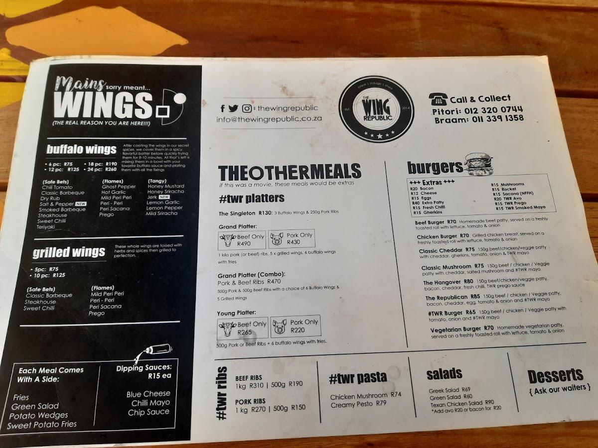 Menu at The Wing Republic, Johannesburg, 6 De Beer St