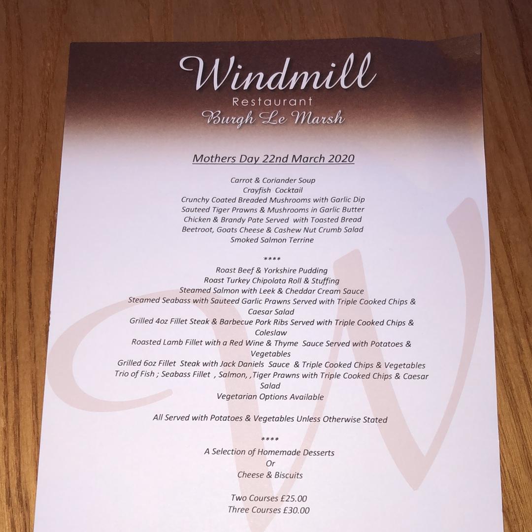 Menu at Windmill Restaurant, Burgh le Marsh