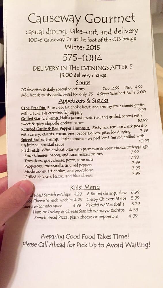 Menu at Causeway Gourmet restaurant, Ocean Isle Beach