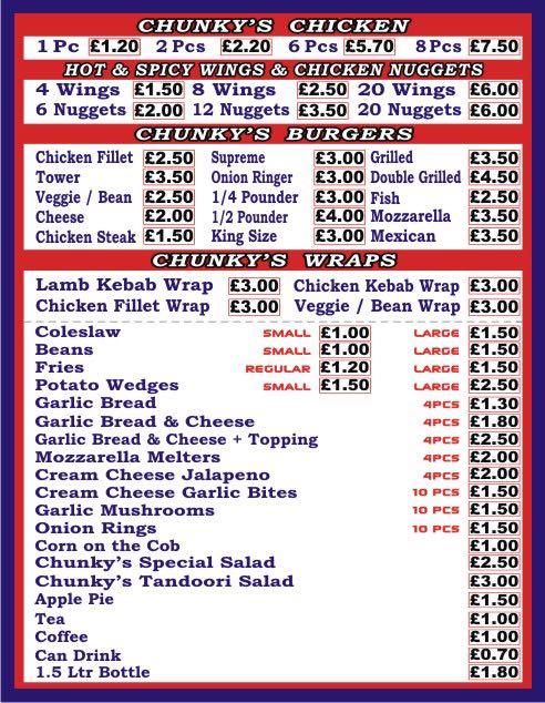 Menu at Chunky Chicken & Pizza (ILFORD) fast food, Ilford, 279 Ilford Ln