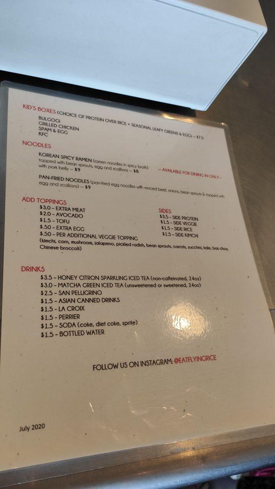 Menu at Flying Rice restaurant, La Verne