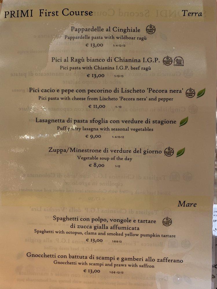 Speisekarte von La Vecchia Lira restaurant, Volterra