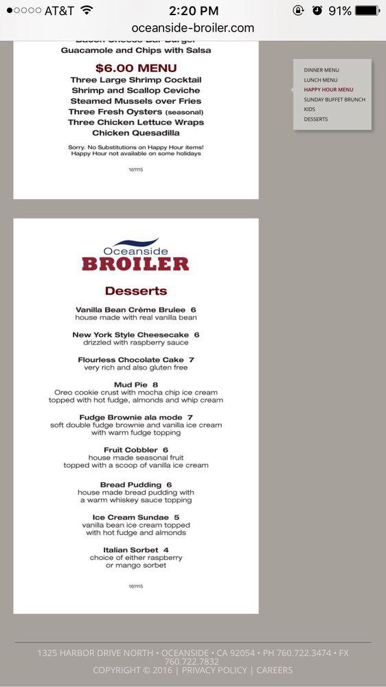 Menu at Oceanside Broiler steakhouse, Oceanside, N Harbor Dr N