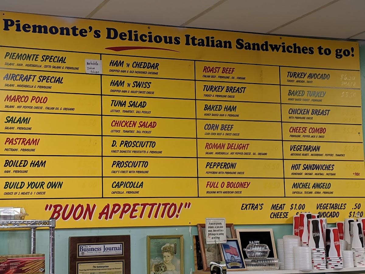 Menu at Piemonte's Italian Delicatessen restaurant, Fresno