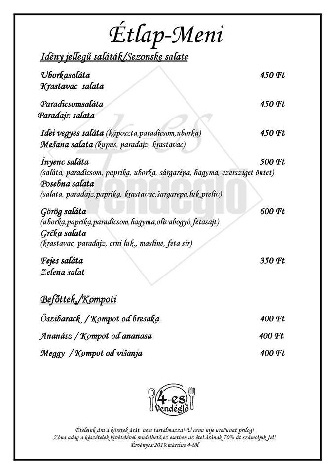 Menu at Platán Panzió és 4-es Vendéglő restaurant, Mórahalom