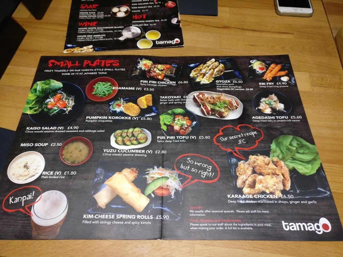 Menu at Tamago restaurant, Canterbury