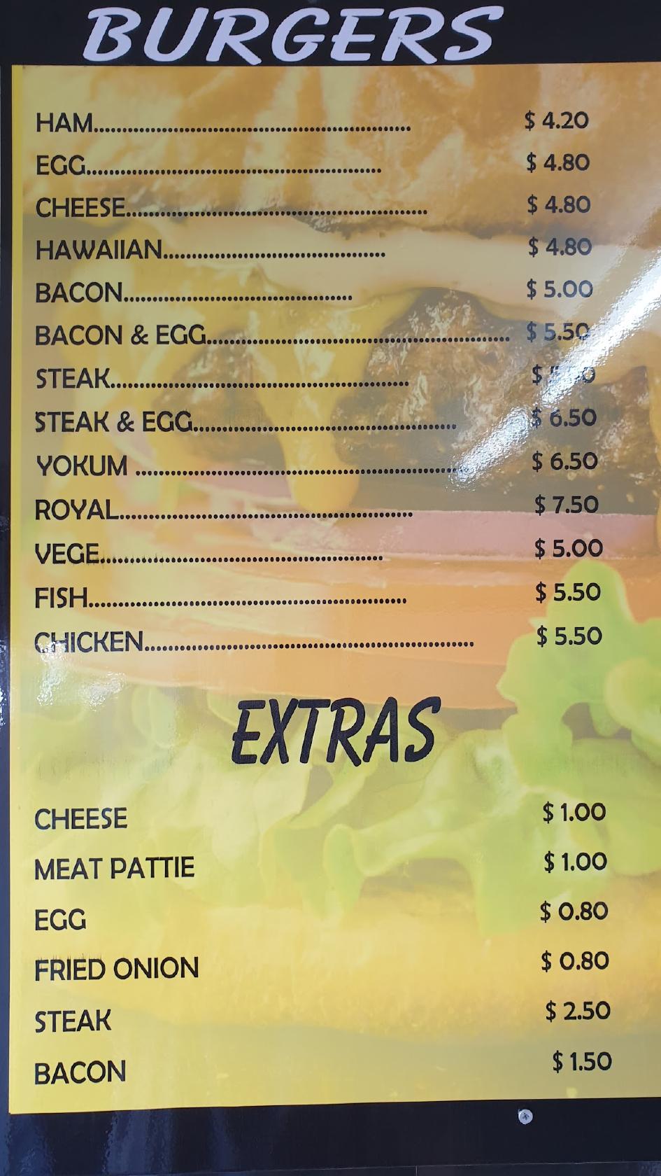 Menu at Airport Takeaways fast food, Auckland