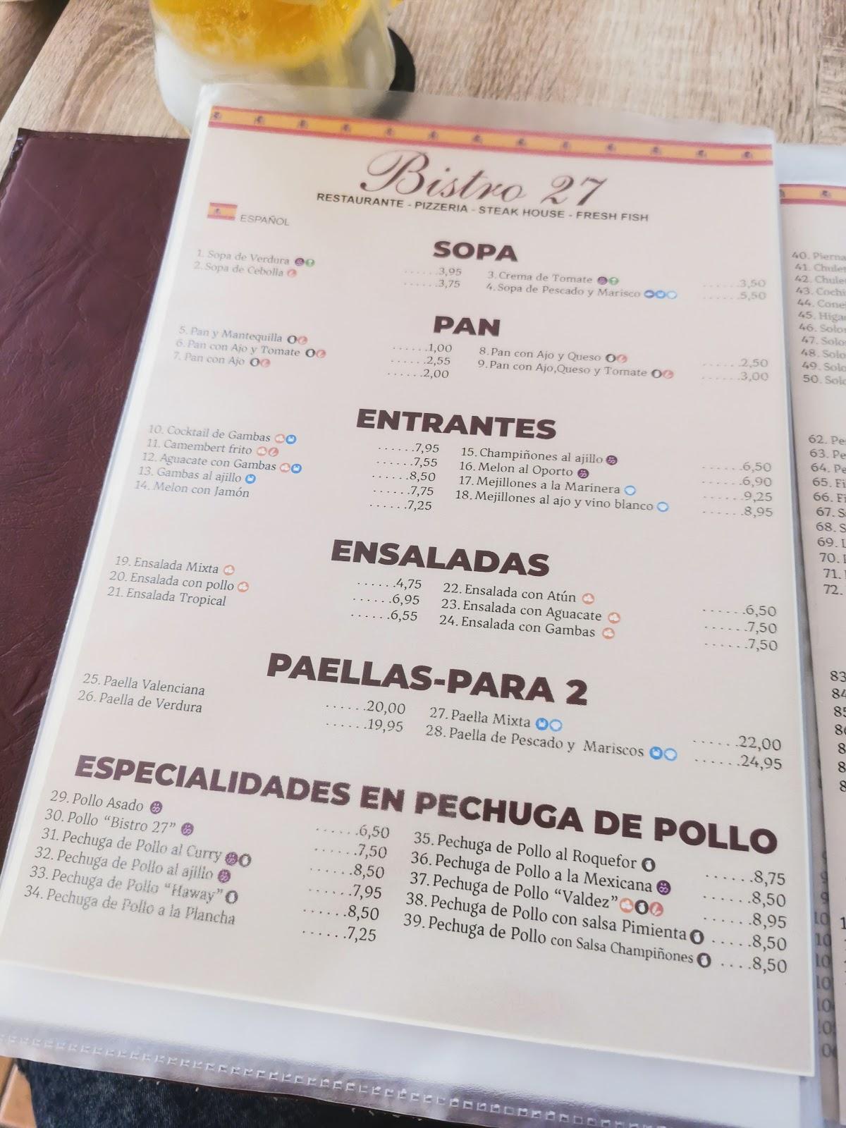 Menu at Bistro 27 restaurant, San Miguel de Abona