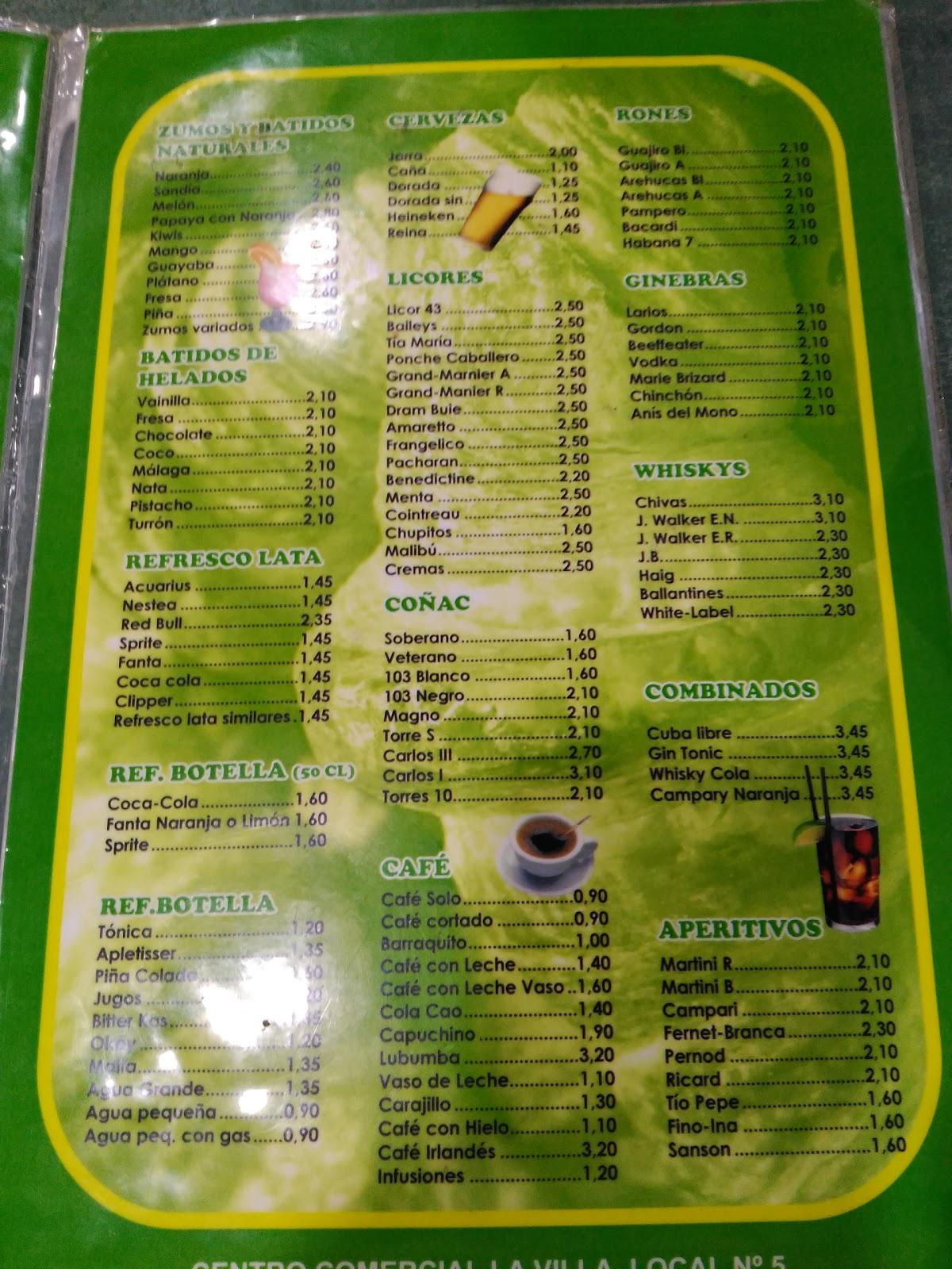 Menu at Cafetería Reina, La Orotava