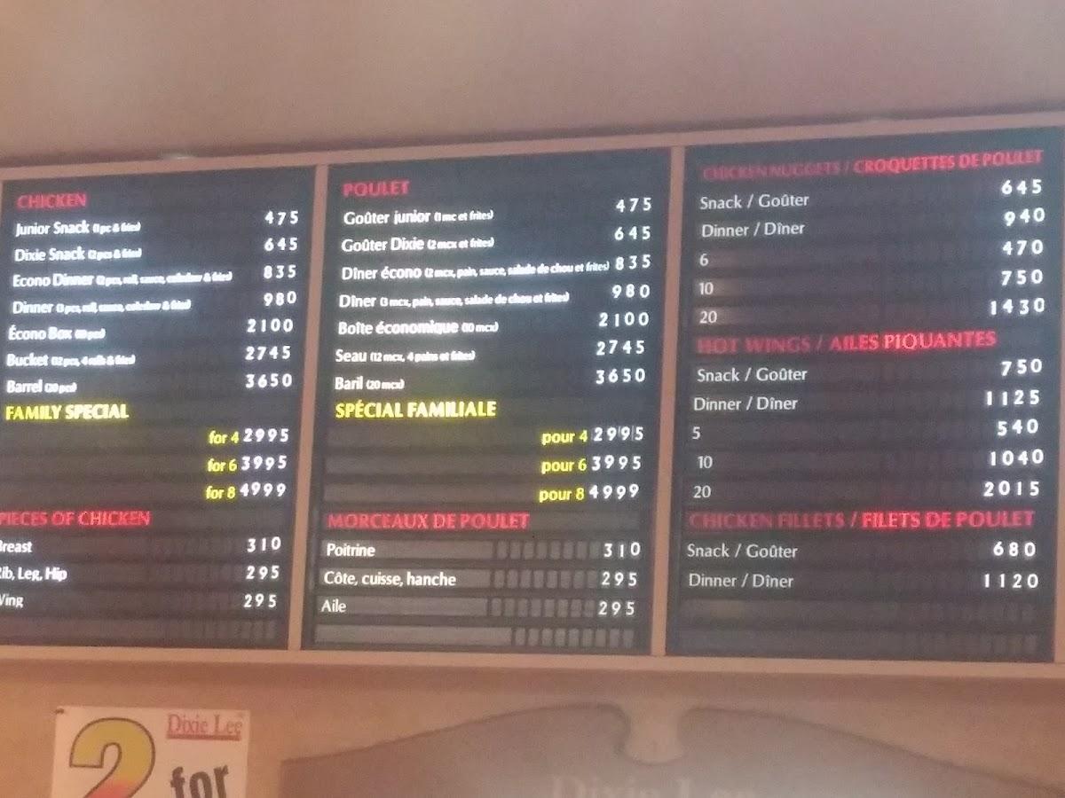 Menu at Dixie Lee Richibucto restaurant, Richibucto