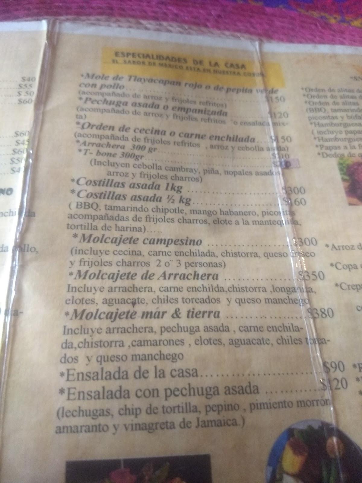 Carta del restaurante "La Malinche", Tlayacapan