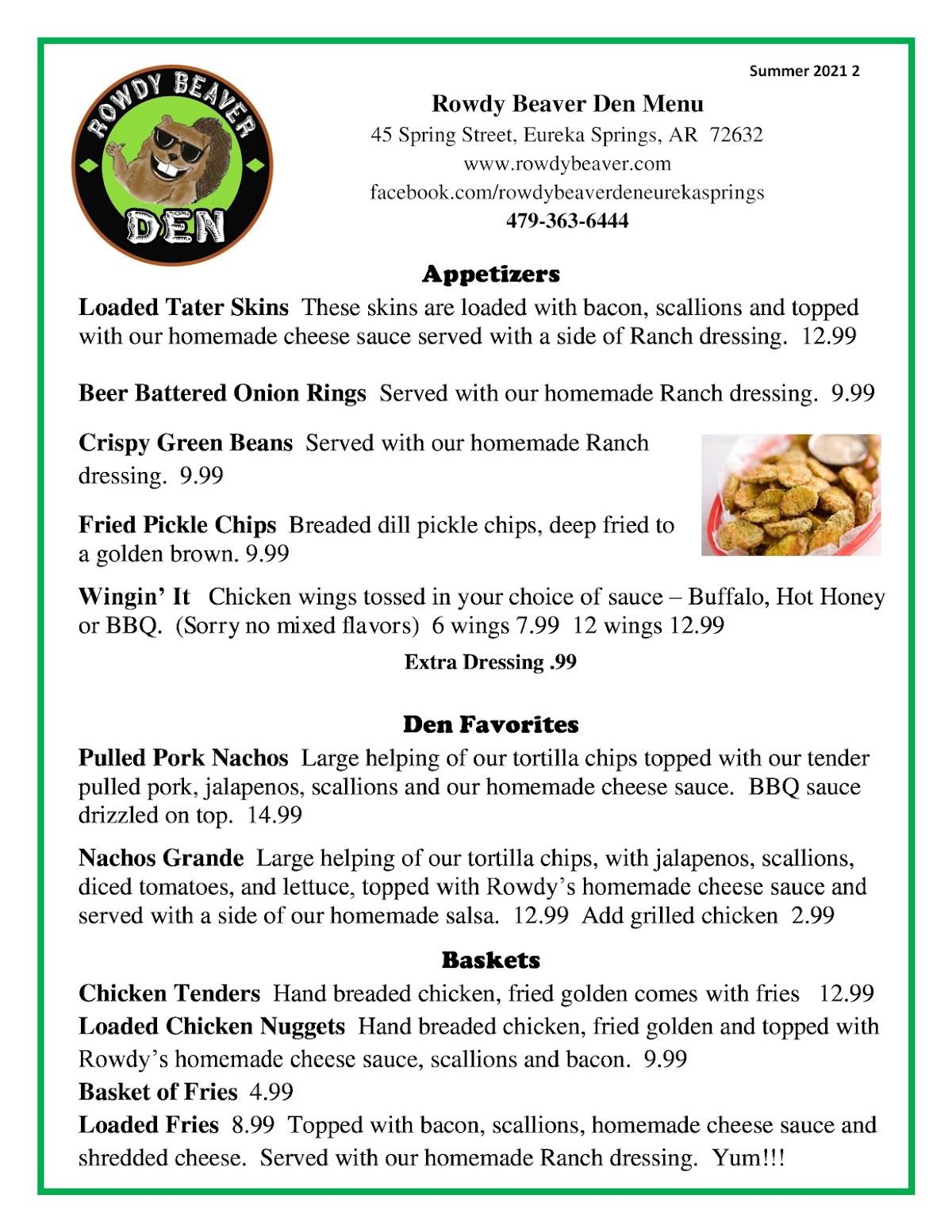 Menu at Rowdy Beaver Den pub & bar, Eureka Springs, 47 Spring St