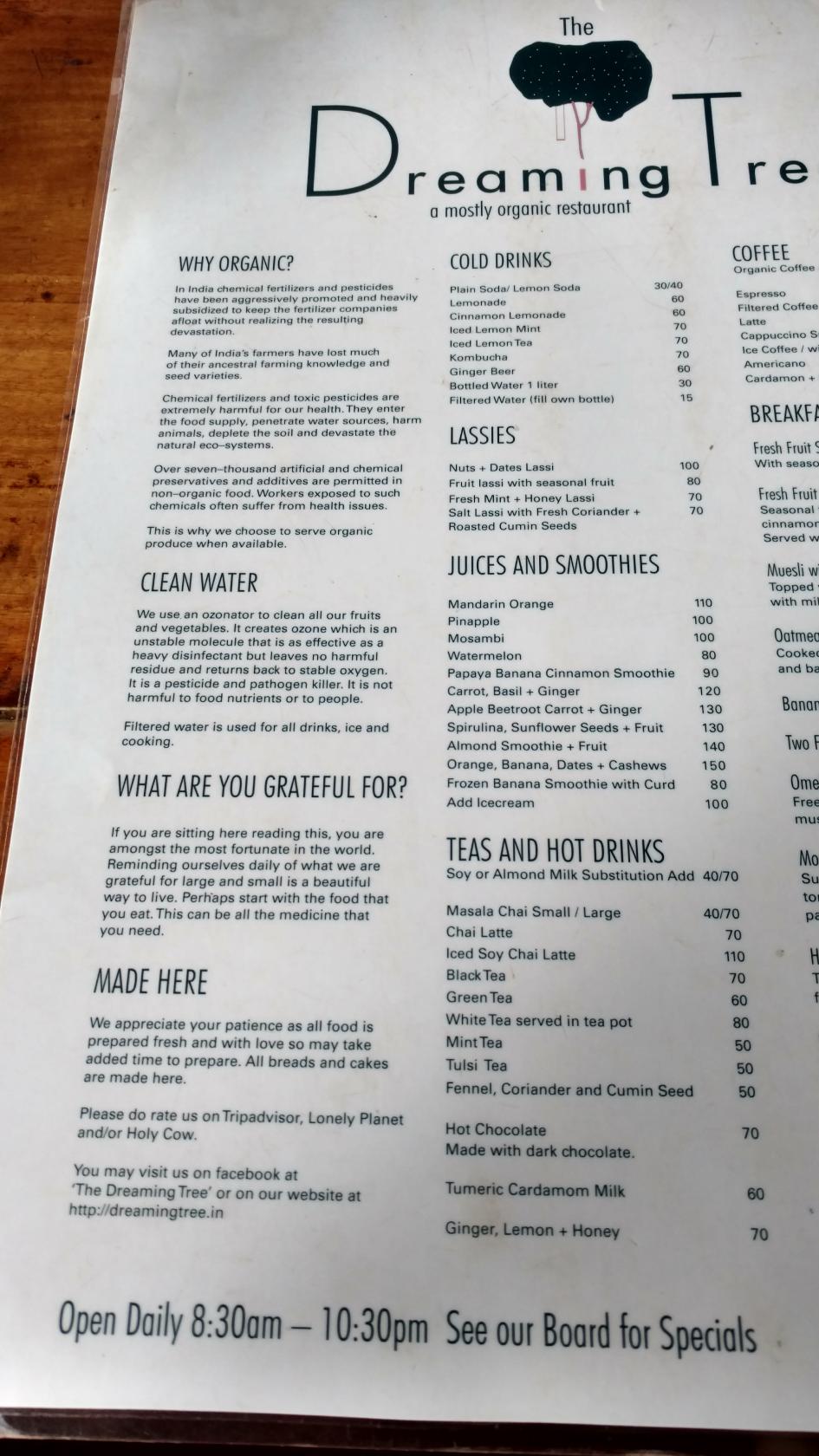Menu at The Dreaming Tree Restaurant, Tiruvannamalai, Plot No 11