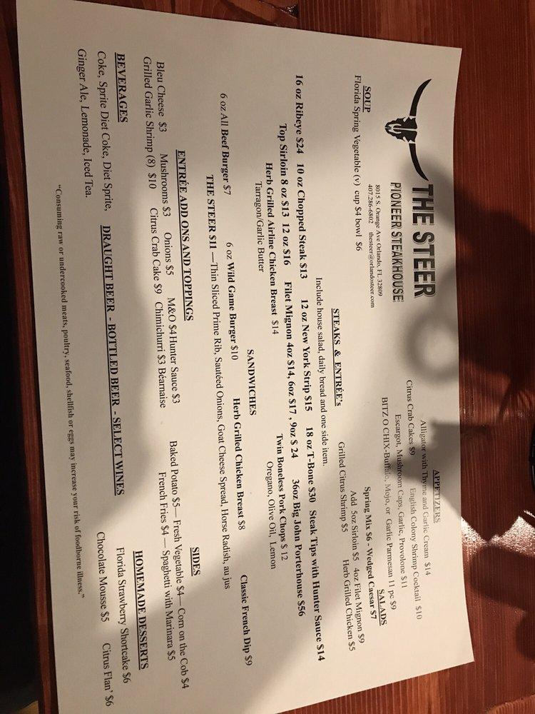 Menu at The Steer steakhouse, Orlando