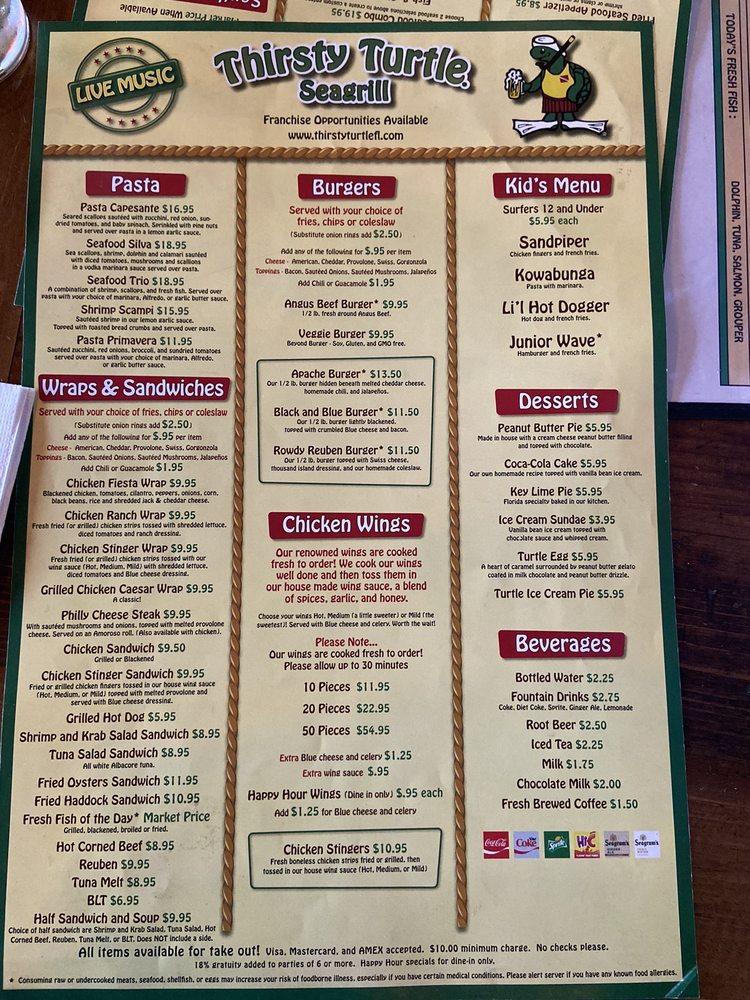 Menu at Thirsty Turtle Seagrill restaurant, Fort Pierce