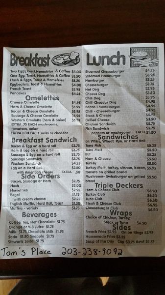 Menu at Tom's Place restaurant, Meriden