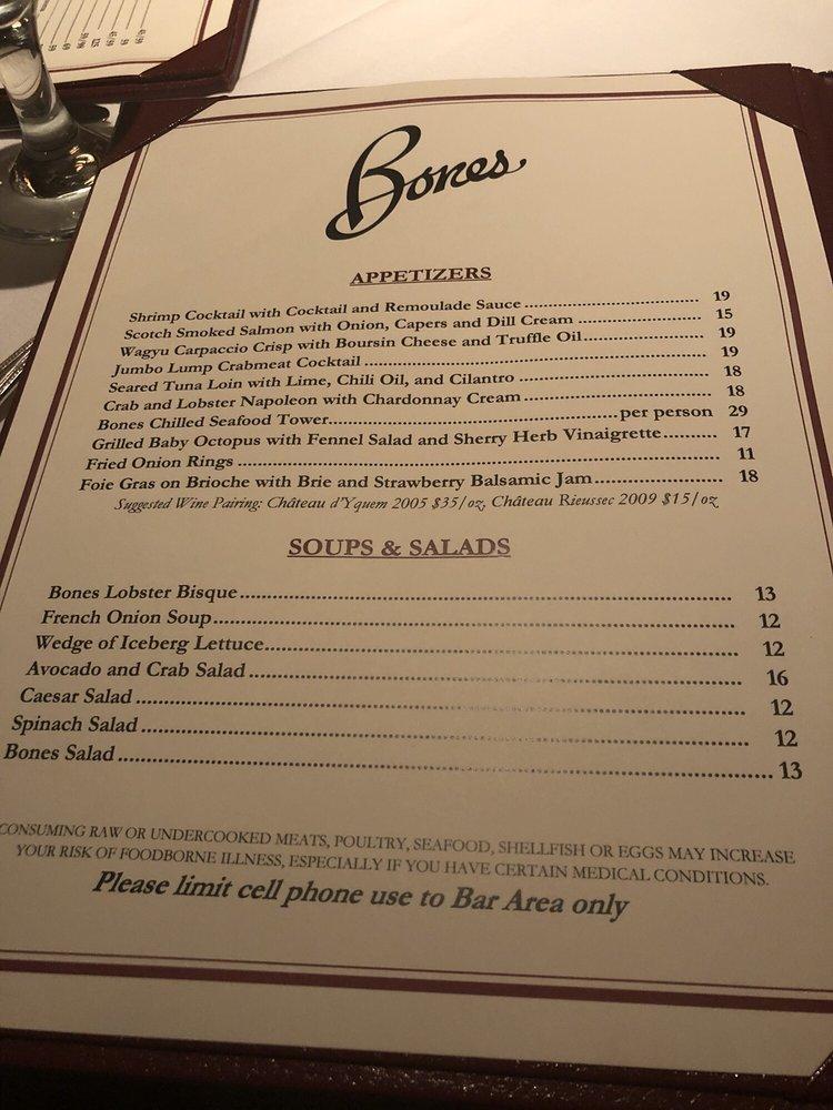 Menu at Bones Restaurant, Atlanta