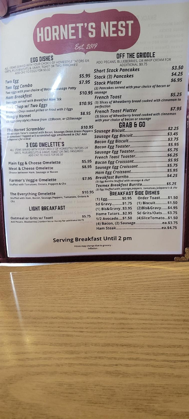 Menu at Hornets nest restaurant, Muskogee