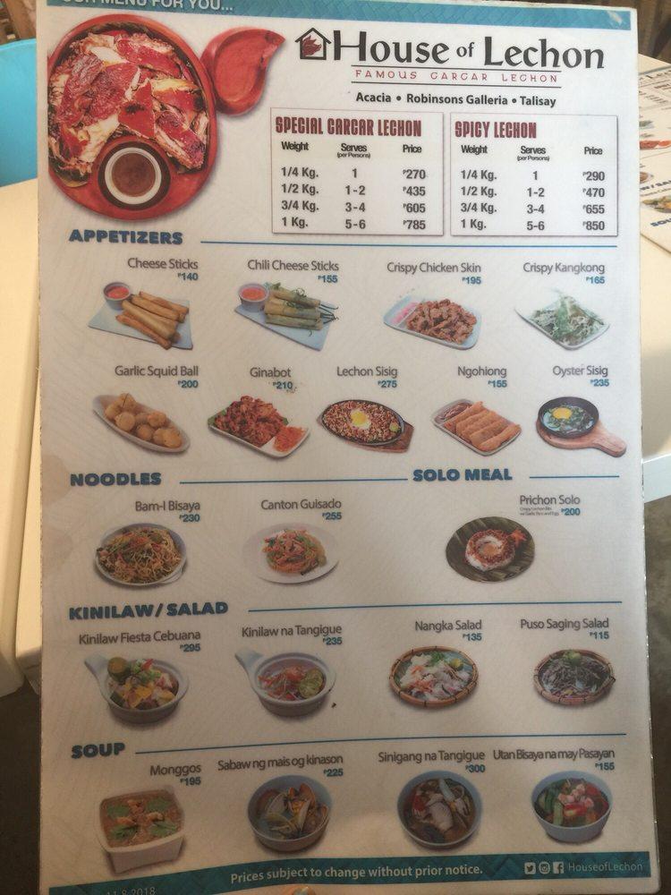 Menu at House of Lechon restaurant, Cebu City, Acacia St