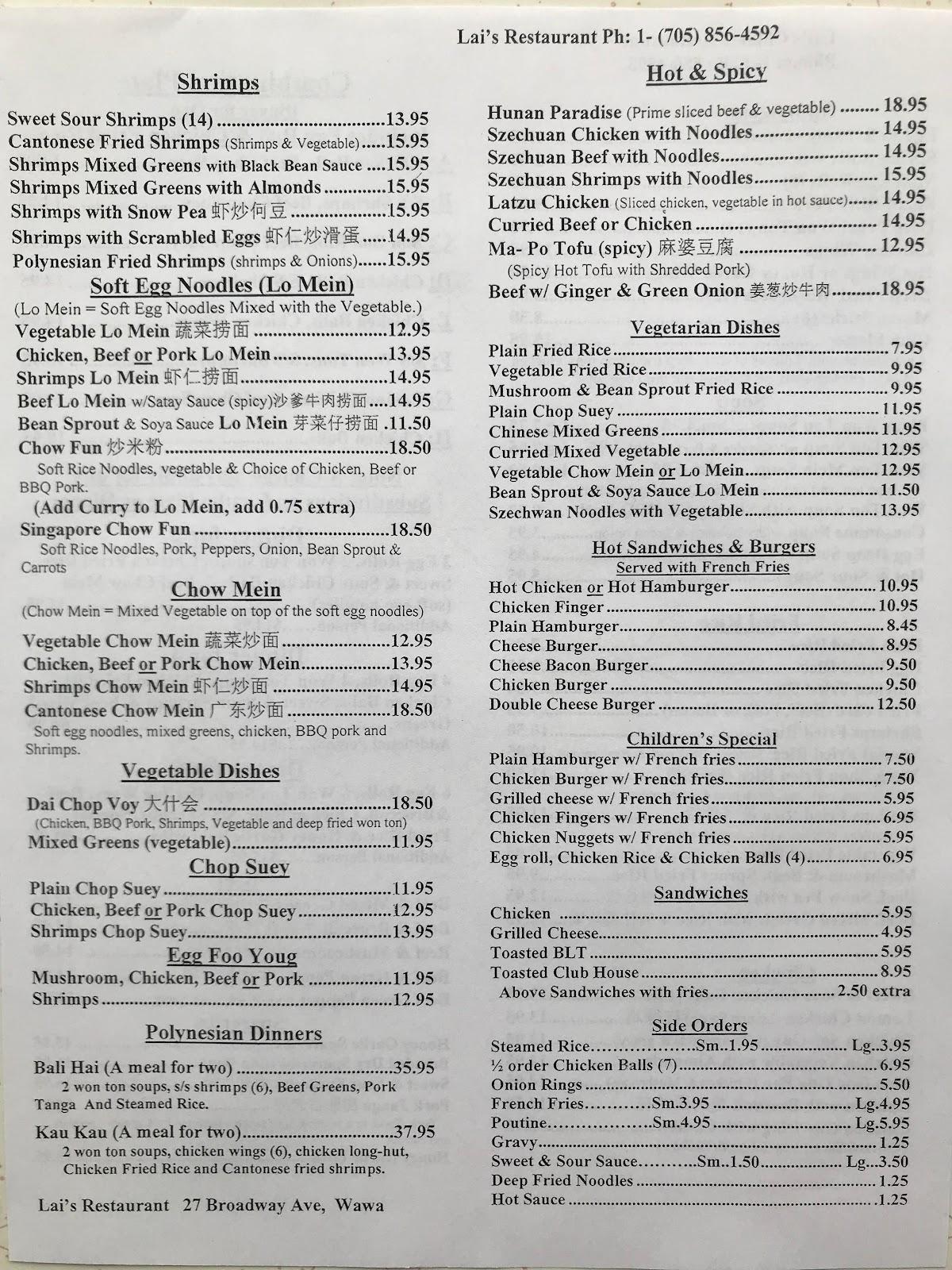 Menu at Lai's Restaurant, Wawa