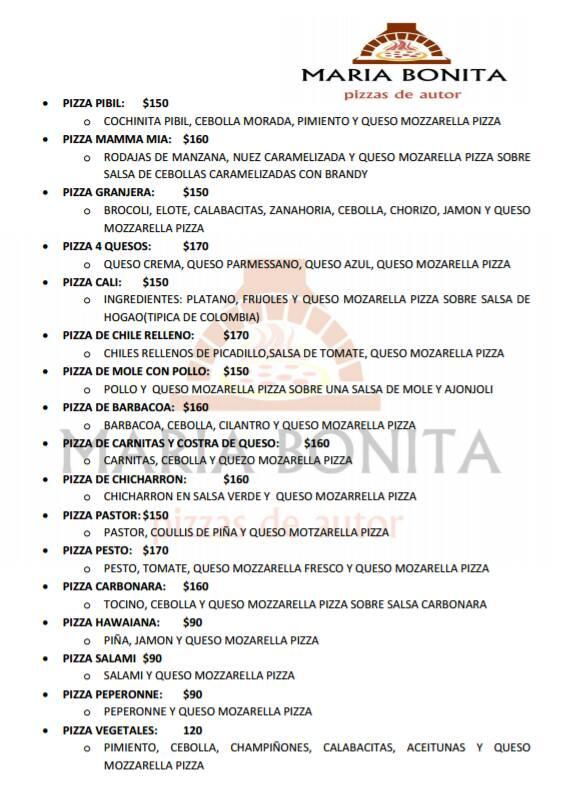 Menu at Maria Bonita restaurant, Veracruz, tuero molina 668