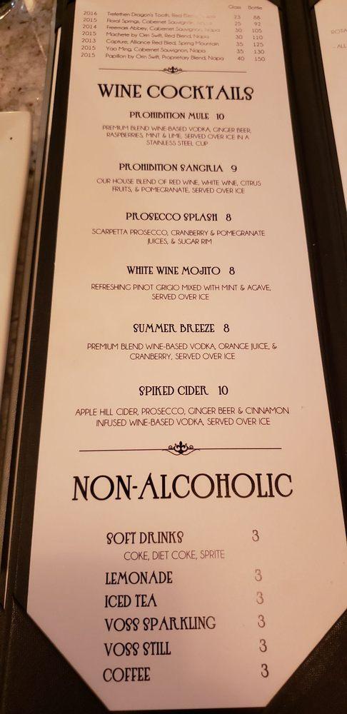 Menu at Prohibition Wine Lounge pub & bar, Folsom