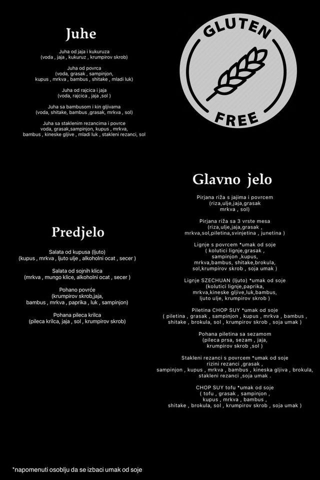 Menu at Shanghai House restaurant, Zadar
