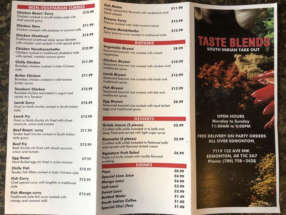 Menu at TASTE BLENDS restaurant, Edmonton, 34 Ave NW