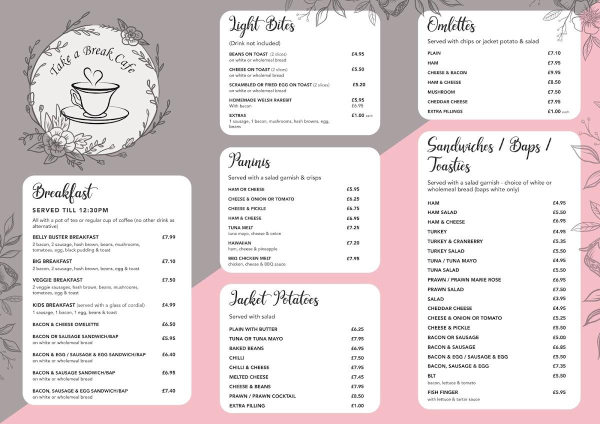 Menu at Take A Break Cafe, Llandudno