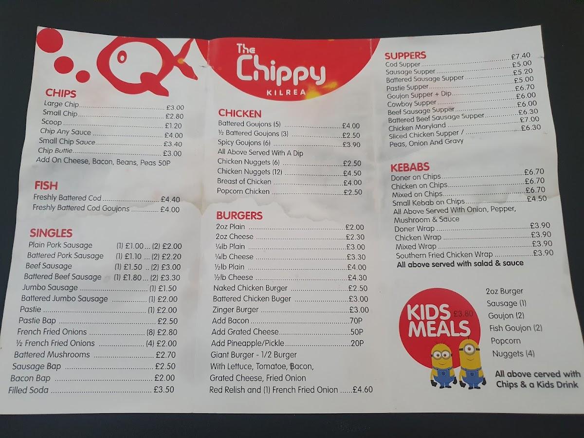 Menu at The Chippy restaurant, Kilrea