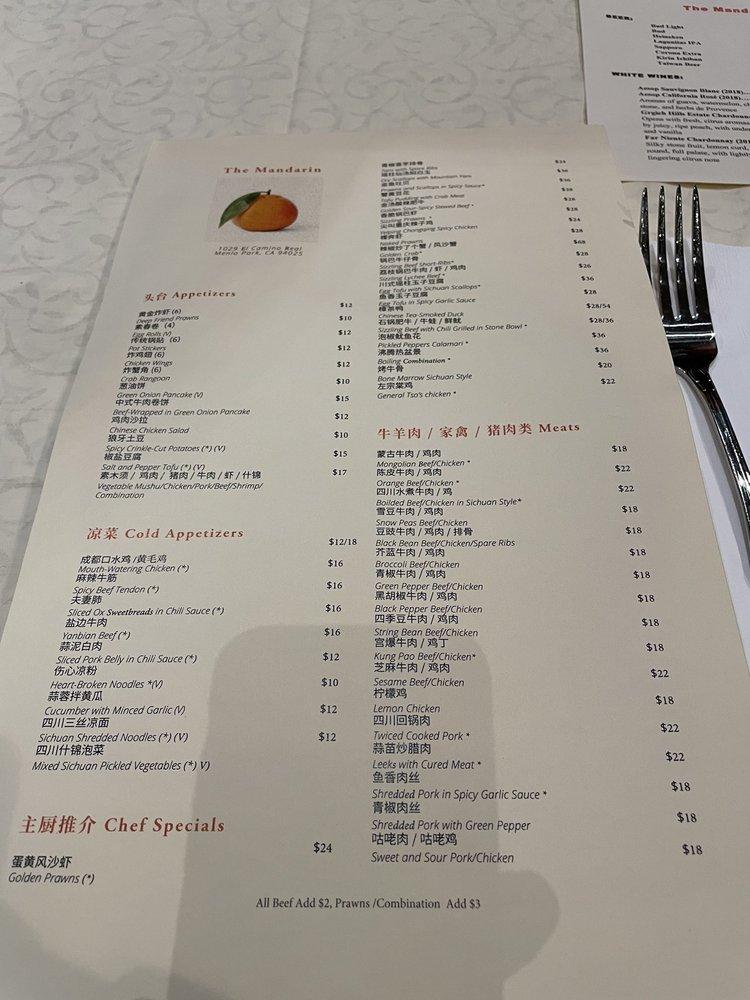 Menu at The Mandarin restaurant, Menlo Park