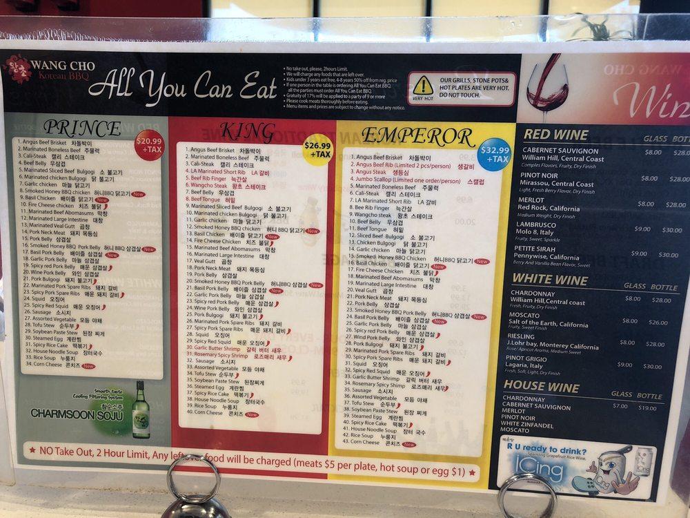 Menu at Wang Cho Korean BBQ, Riverside