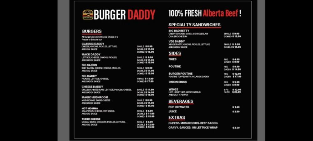 Menu at Burger Daddy restaurant, Edmonton