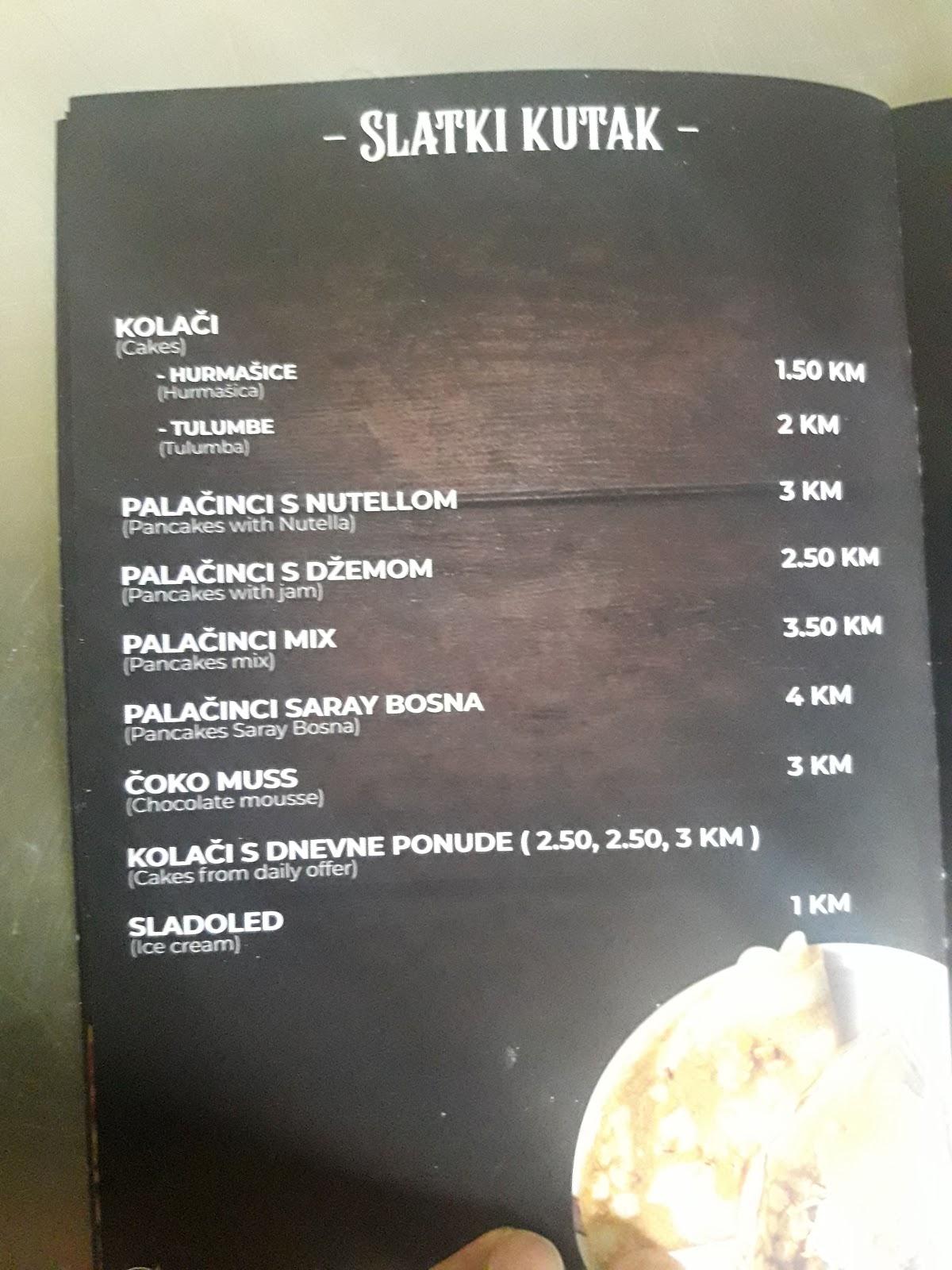 Menu at Saray Bosna restaurant, Ilidža