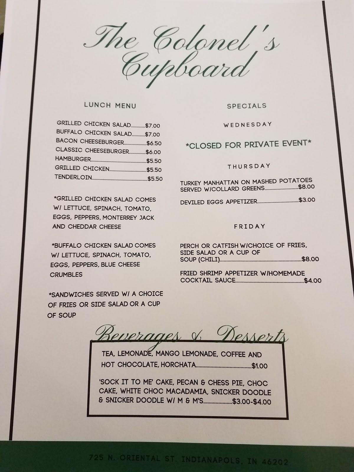 Menu at Colonel's Cupboard Restaurant, Indianapolis