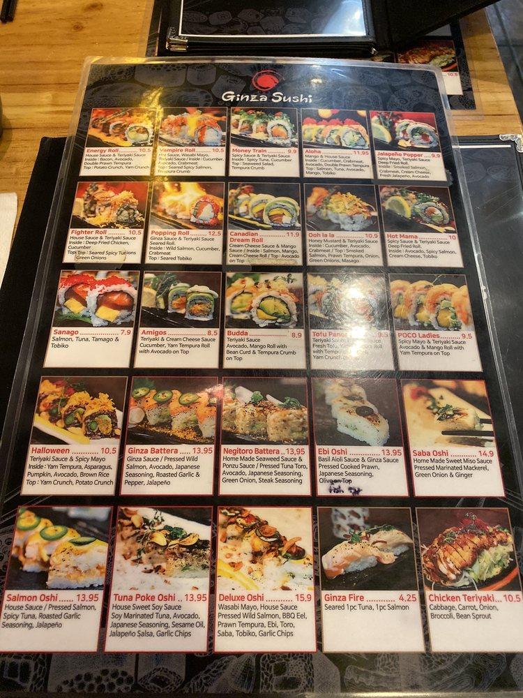Menu at Ginza Sushi restaurant, Port Coquitlam